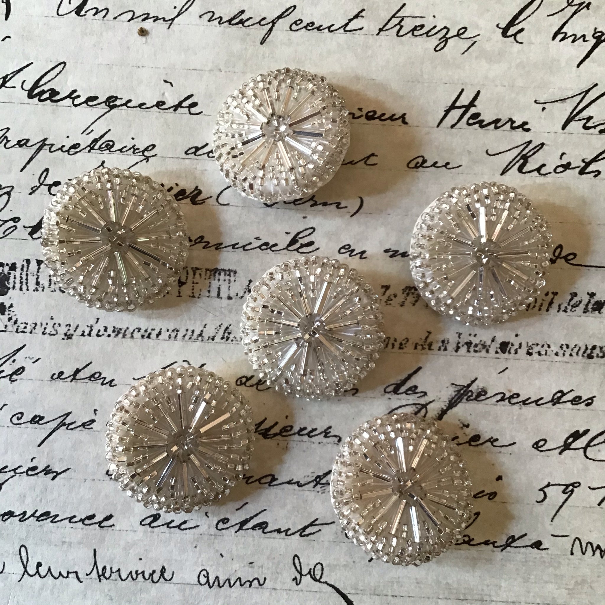 6 Round Silver Glass Bugle Buttons – Tinsel Trading